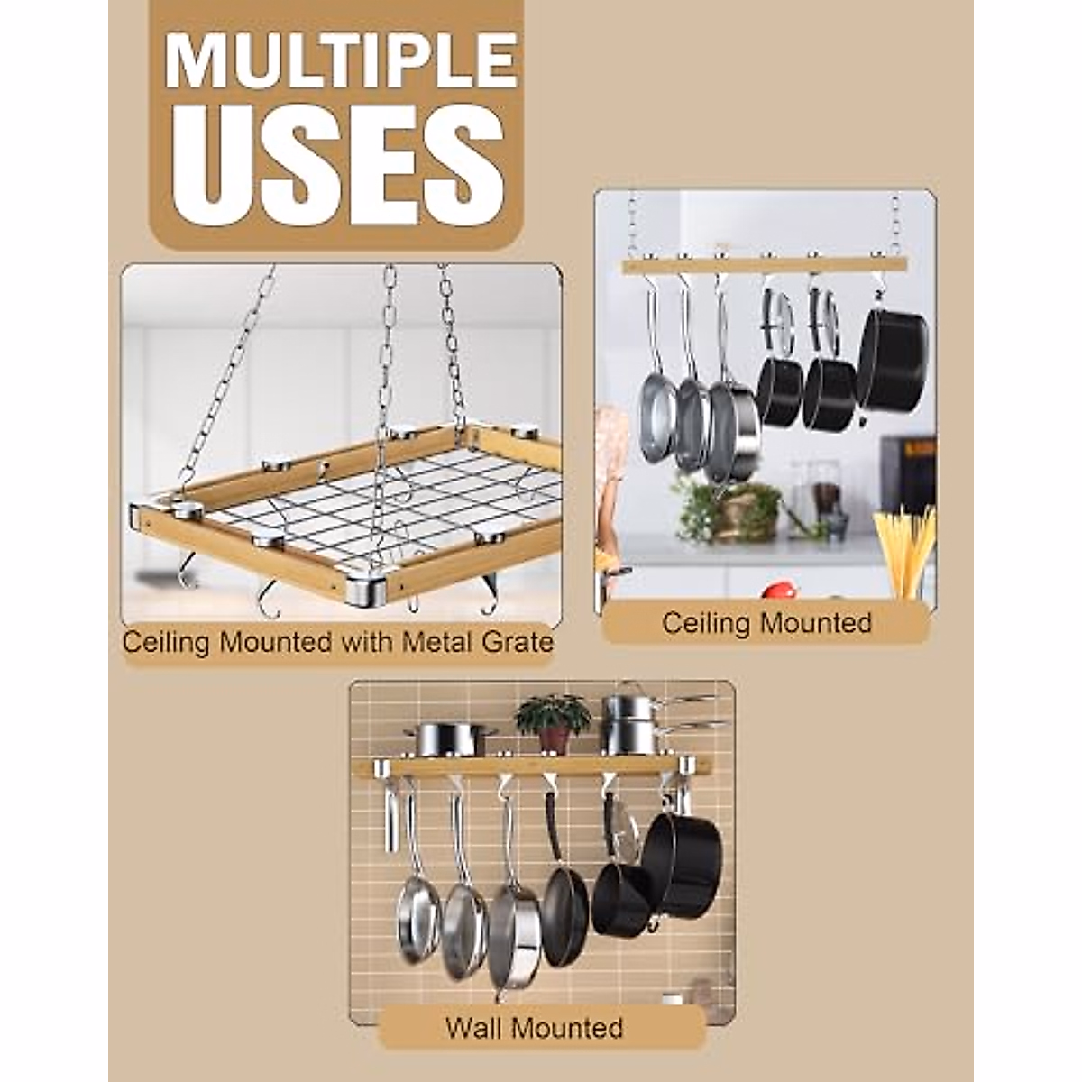 Cooks Standard Hooks, 4 Pack Aluminum Ceiling Hooks for Pot Rack, 30 lbs Max Load Heavy Duty Kitchen Hooks Hanger , Waterproof and Oilproof Moveable Hooks Organize for Kitchen-Silver