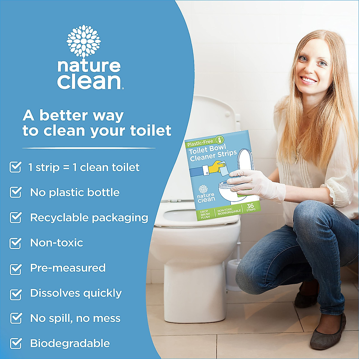 Nature Clean Non-Toxic Toilet Bowl Cleaners Strips 36 count, Plastic-Free Packaging, Natural Toilet Cleaner Septic Safe, Refresh Toilets & Bathroom. No Splash