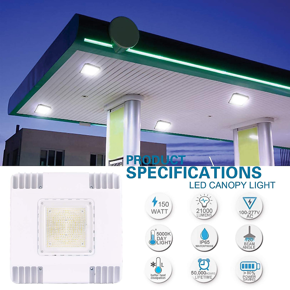 1 Pack LED Canopy Lights 150w 21000 Lumens 5000K Daylight White 750W HID/MH Equivalent,UL DLC Listed Gas Station Light,Waterproof IP65 Commercial Area & Outdoor Lighting,Ceiling Lighting Fixtures