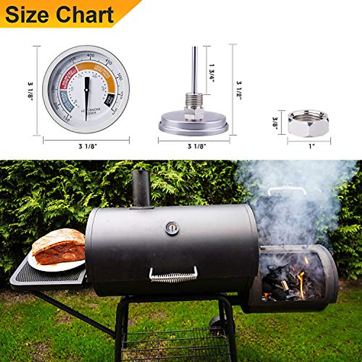 Ibbyee 3 1/8 Inch Smoker Thermometer Gauge for Oklahoma joes Grill Accessories , Pit Grill BBQ Thermometer Gauge Fahrenheit and Heat Stainless Steel Temp Gauge for Oklahoma Joe 1Pcs