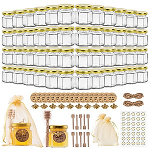 SZUAH 48 Pack 1.5 oz Mini Honey Jars with Dipper, Glass Hexagon Honey Jar for Wedding Favors, Empty Glass Jars for Party Favor