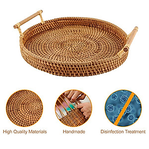 Handmade Rattan Round Woven Basket, Round Serving Tray with Handles, Food Serving Baskets, Basket, Great to Display Bread Or Fruit (10.6", 1pc)