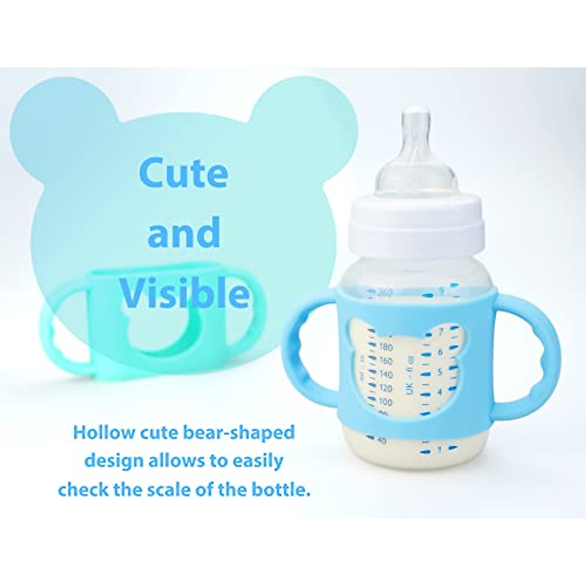 Baby Bottle Handles, Durable Food Grade Silicone Transitional Sippy Cup Handle Grip for Wide-Neck Baby Bottles, Cute Bear Design, Pack of 2, Blue & Turquoise