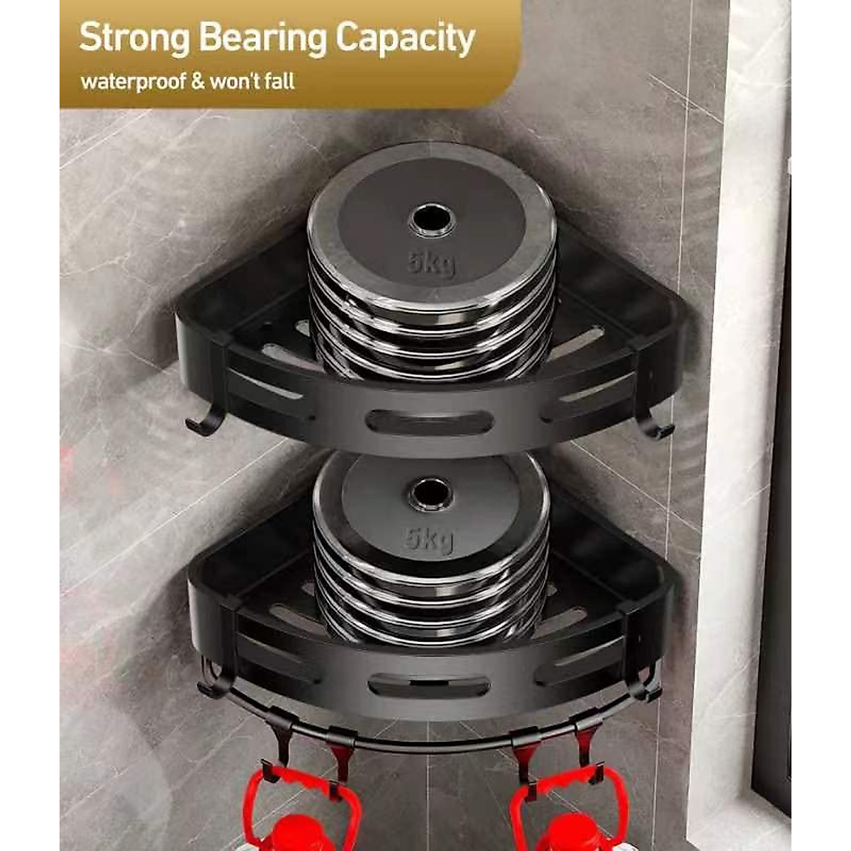 MAZEME 2 Pack Adhesive Corner Shower Caddy Organizer with 4 Hooks and Bathroom Towel Bar, Hanging Plastic Shower Shelf Basket Storage Racks No Drilling Rustproof Wall Mounted for Dorm College, Black