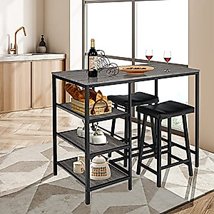 COSTWAY 3 Pieces Dining Table Set, Counter Height Pub Table Set with 2 Upholstered Bar Stools and 3 Shelves, Industrial Kitchen Table Set for Living Room, Restaurant
