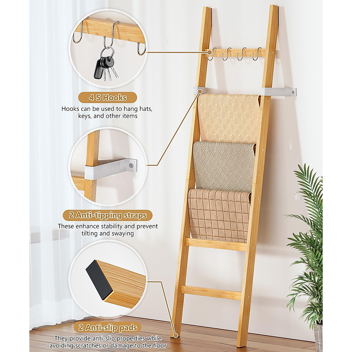 Cozivolife Blanket Ladder 6-Tier,Bamboo Towel Rack with 2 Anti-Tip Straps and 4 Hooks,Ladder Shelf Easy Assembly,Wall-Leaning Blanket Rack,Rustic Decorative Farmhouse Storage (Natural)