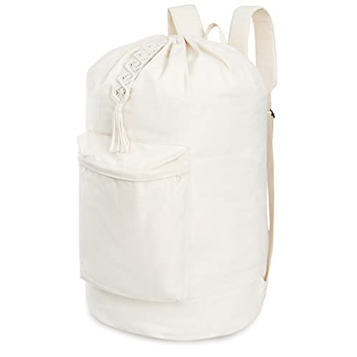 Mkono Laundry Bag with Shoulder Strap & Drawstring Closure Laundry Bags with Macrame Tassel Boho Hanging Clothes for College Dorm, Travel, Laundromat, Apartment