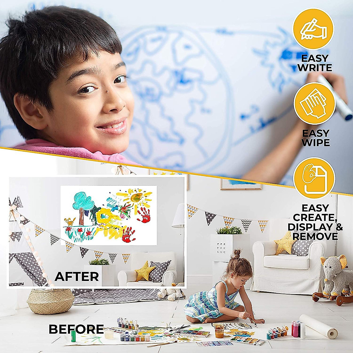 Clingers Dry Erase Kids Cling-rite Rolls, Portable Whiteboard, 50' ft roll, Sheet Size 20x30 for Kids Drawing and Planning, School, Arts and Crafts with 20 White Sheets and Bonus Dry Erase Marker