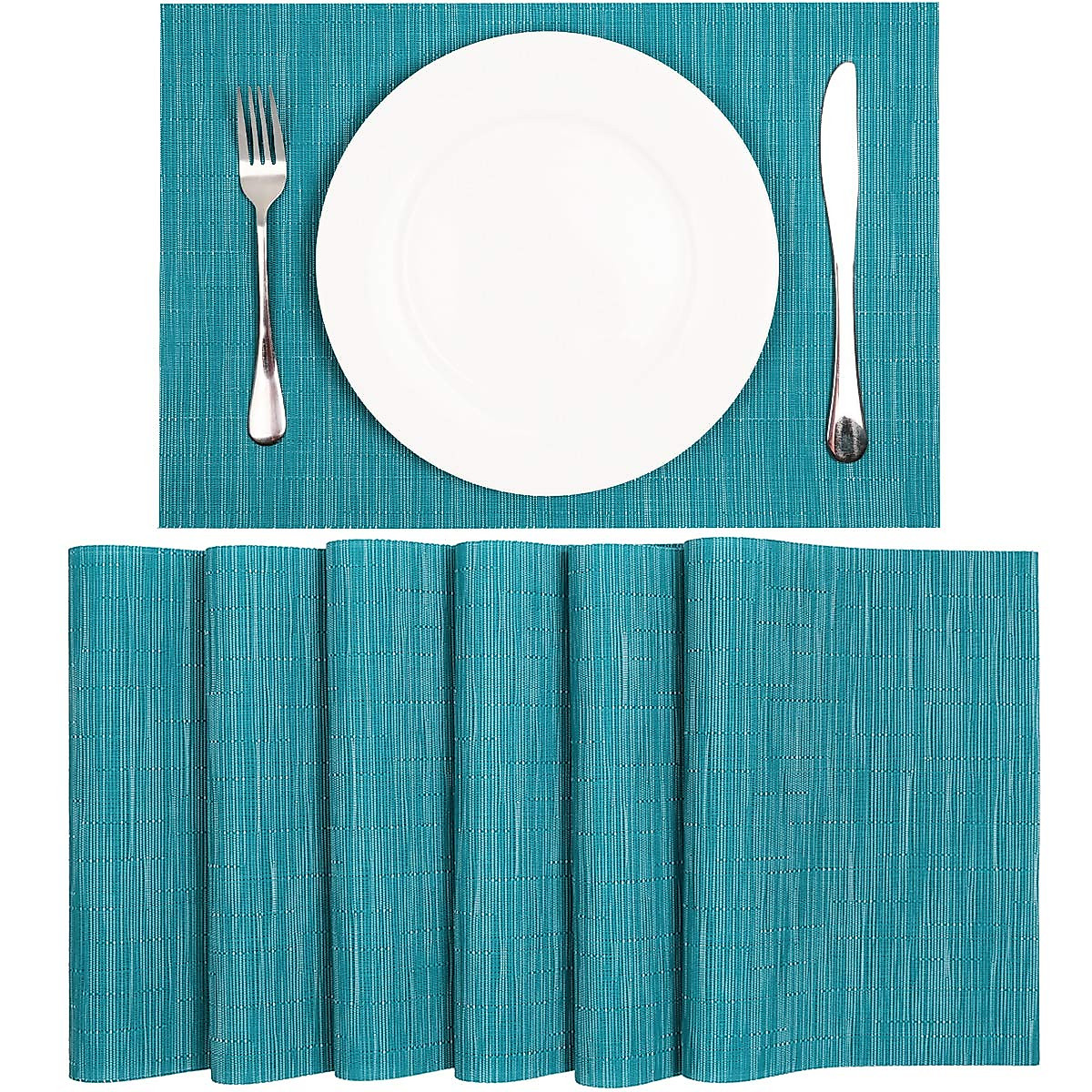 SHACOS Placemats Set of 6 Woven Vinyl Place Mats for Dining Table Wipe Clean Stain Resistant Table Mats (6, Teal Blue)