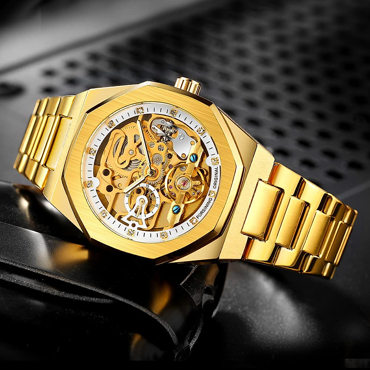 Tiong Steampunk Tourbillon Design Watch Golden Stainless Steel Waterproof Men Automatic Mechanical Wristwatch