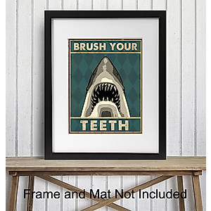 Boys Bathroom Wall Art & Decor - Brush Your Teeth Kids Bathroom Decor - Beach Bathroom Decor - Funny Shark Bathroom Decor - Bath Wall Decor - Unique Restroom Sign - Bathroom Pictures Poster Prints