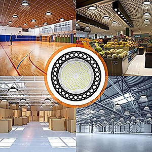 150W LED High Bay Light UFO 25000Lumens 5000K Daylight 1-10V Dimmable LED Commercial Bay Lighting 100-277Volts Area Lamp IP65 Waterproof ，Hook Included ，5’Cable with US Plug ，600W HID/HPS Replacement