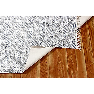 Casavani Hand Made Cotton Dhurrie Abstract Blue & Beige Tassel Rug Easy Care Washable Rugs for Doormat Entryway Living Room Bedroom Hallway Balcony 12x12 Feet Square