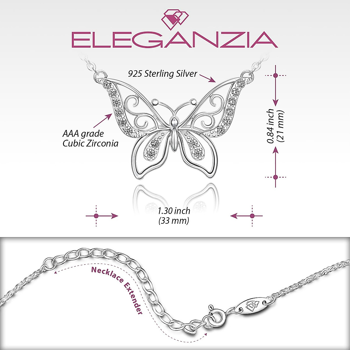 ELEGANZIA Butterfly Necklaces for Women Sterling Silver Jewelry Sparkling Cubic Zirconia for Girlfriend Mom