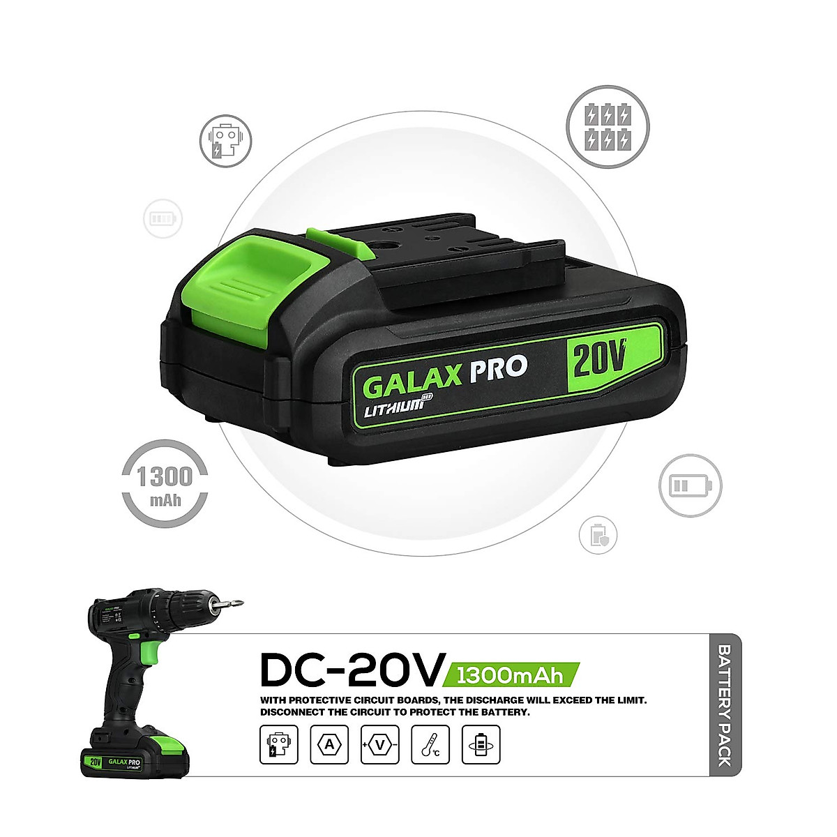 GALAX PRO 20V Cordless Drill Driver with Work Light, Max Torque 20N.m, 3/8 Inch Keyless Chuck, 19+1 Position, Single Speed 0-600RPM, 1.3Ah Battery and Charger Included