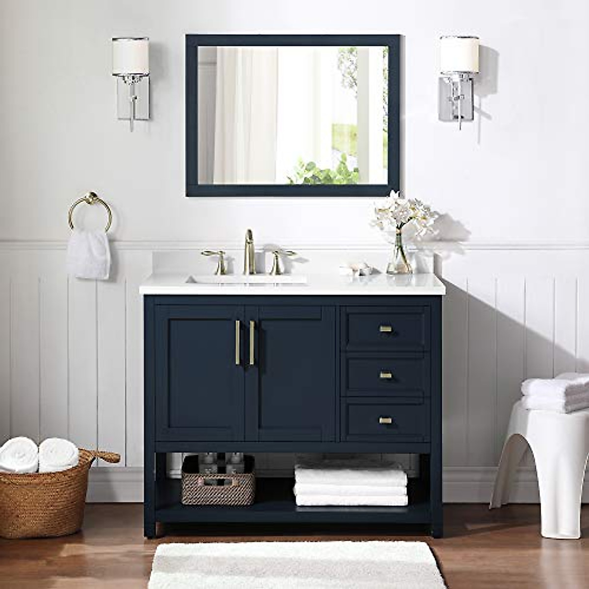 Ove Decors Stanley 42 inch Bathroom Vanity Combo Freestanding Bath Cabinet | Modern Single Sink with Cultured Marble Countertop | Backsplash Included, Midnight Blue
