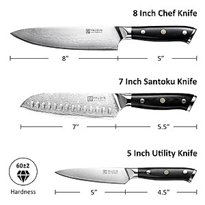 PAUDIN Damascus Knife Set 3 PCS, Kitchen Knife Set with Japanese VG10 Steel Core, Ultra Sharp Chef Knife Set with Full Tang G10 Handle, Damascus Kitchen Knives