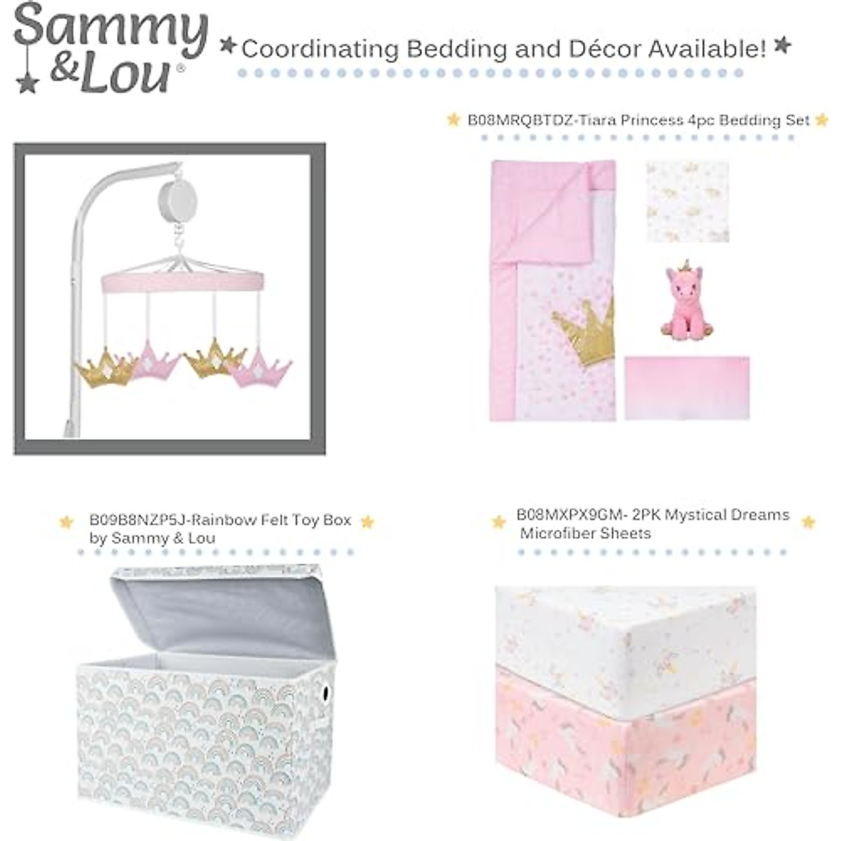 Sammy & Lou Tiara Princess Baby Crib Mobile with Music, Crib Mobile Arm Fits Standard Crib Rail