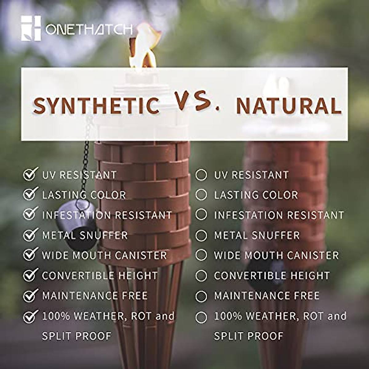 ONETHATCH Synthetic Bamboo Torches (4pack); Weather-Resistant Large Island Citronella Torch for Outdoor Lighting, Luau, Party, and Garden Decor; Wide-Mouth Canister, Stands 60" Tall