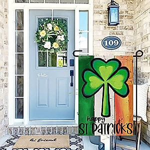 Happy St Patricks Day Garden Flags 12x18 Inch Double Sided Burlap, Green Shamrock Lucky Sign Farmhouse Small Yard Outdoor Decorations DF195