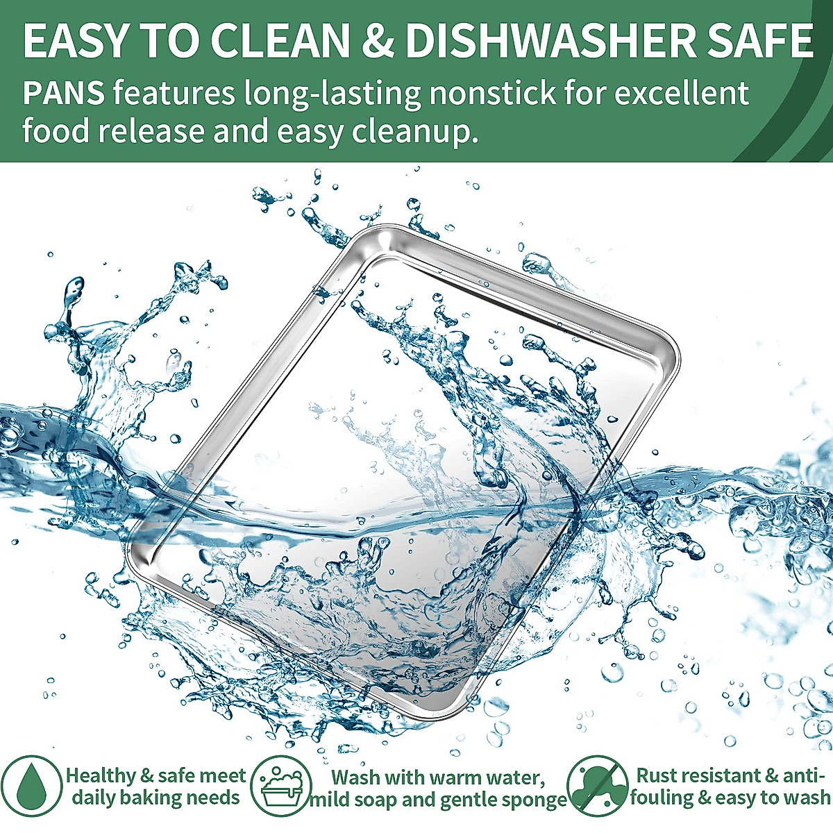 Baking Sheets Set of 2, HKJ Chef Cookie Sheets 2 Pieces & Stainless Steel Baking Pans & Toaster Oven Tray Pans, Rectangle Size 12.5Lx10Wx1H inch & Non Toxic & Healthy & Easy Clean…