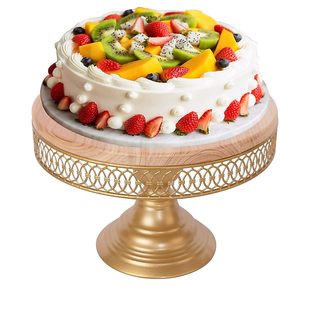 weharnar 12 in Cake Stand Round, Wooden Dessert Stands and Pedestal Cake Stand with Gold Base, Gold Cake Stand for Wedding Birthday Party