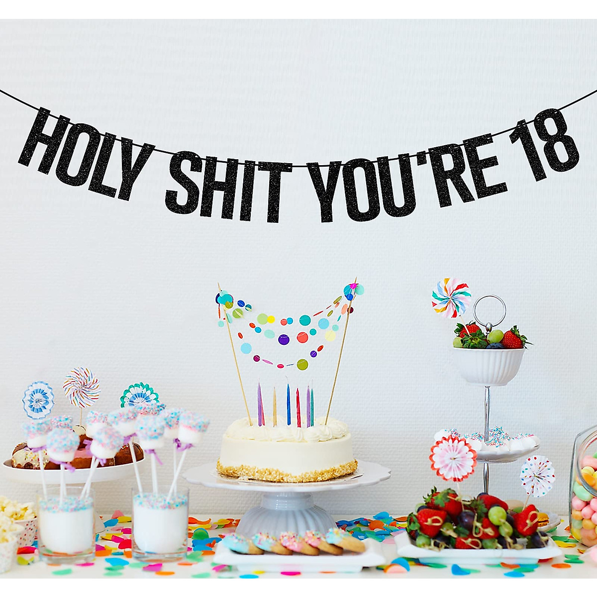 Black Glitter Holy Shit You're 18 Banner, Time to Adult, Cheers to 18 Years, Happy 18th Birthday Anniversary Birthday Party Decorations