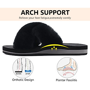 COFACE Womens Fuzzy Slides Fluff Fax Fur Cross Slippers Open Toe Yoga Mat House Slippers Sandals With Arch Support For Indoor/Outdoor