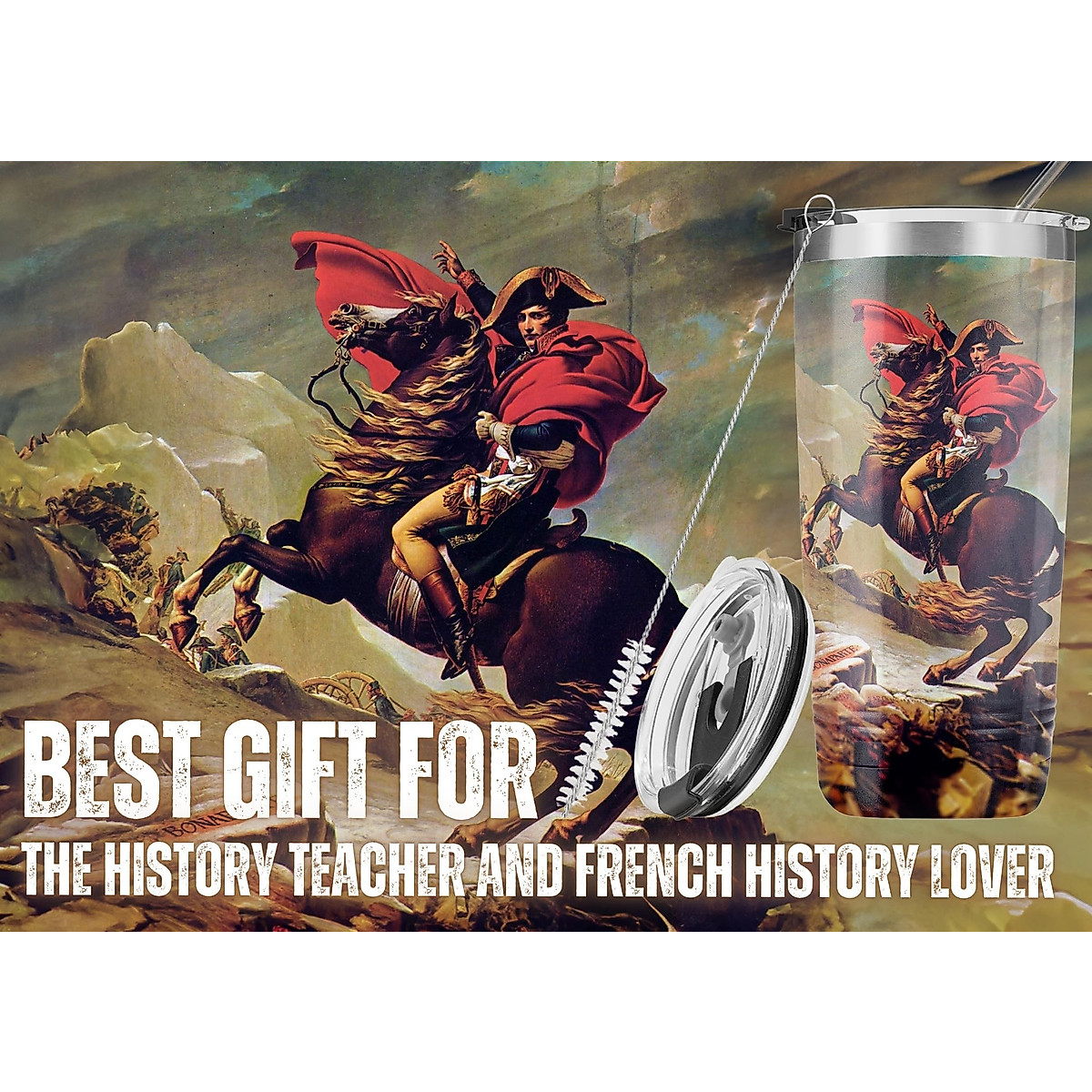 Onebttl History Teacher Christmas Gifts for Men, Napoleon Bonaparte Gifts for French History Lover, 20oz Stainless Steel Insulated Tumbler with Straw, Lid