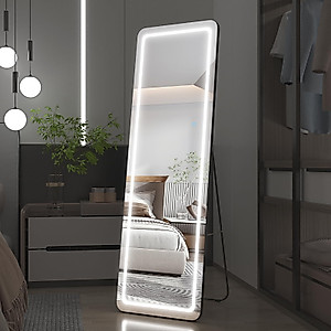LVZORY 63"x20" Full Length Floor Mirror Dimming Lights Bedroom Tall Full-Size Body Lighted Mirror, Free Standing Wall Mounted Hanging Dressing Touch Control Black(20")