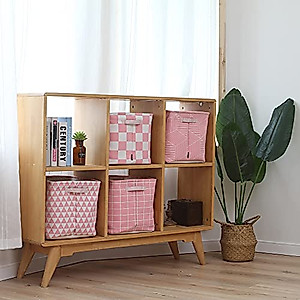 Sea Team Foldable Large Square New Pink and White Geometric Theme 100% Natural Linen & Cotton Fabric Storage Bins Storage Baskets Organizers for Shelves & Desks - Set of 4 (Pink)