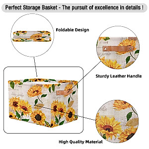Storage Basket Flower Floral Sunflower, Large Foldable Organizer Storage Bins for Shelves, Sturdy Canvas Cubes Storage Boxes with Handles for Toys Closet Nursery Office Living Room 15" x 11" x 9.5"