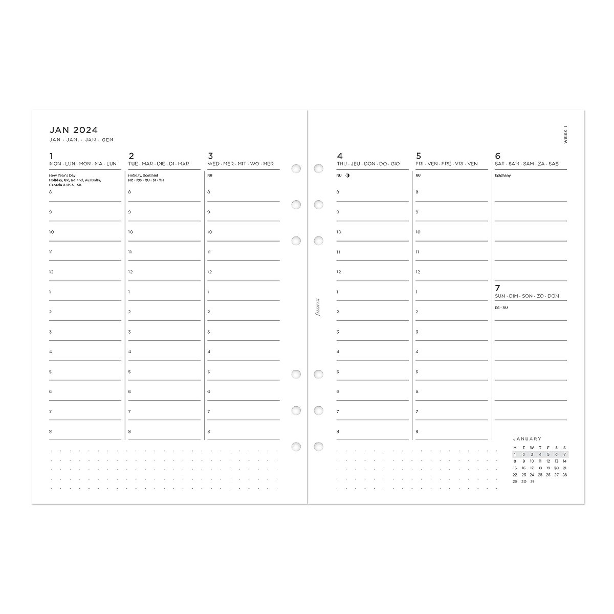 Filofax Calendar Diary Refill, A5 Size, Week-to-View with Appointments, Minimal Diary Pack, Vertical, White Paper, Multilingual: Five Languages, 2024 (C68593-24)
