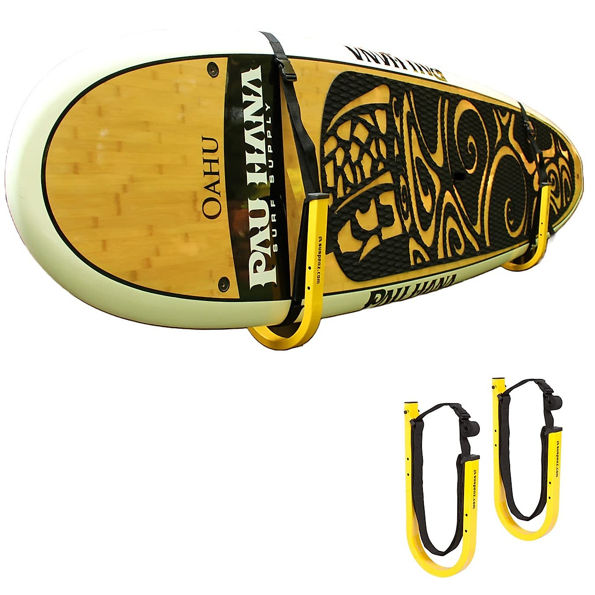 Suspenz SUP Wall Storage Rack, Stand Up Paddle Board and Surfboard Holder/Hook with Safety Straps, Yellow, (11-0701)