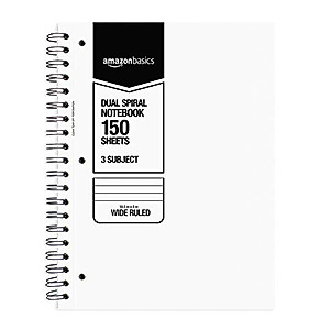 Amazon Basics Wide Ruled Wirebound 3-Subject 150-Sheet Notebook - Pack of 3, 10.5 x 8 Inch, Black / Red / White