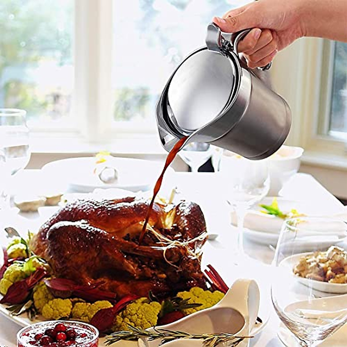 FOXDISK 304 Stainless Steel Double Insulated Gravy Boat 16 oz with Hinged Lid,Sauce Jug and Steak Sauce Pot Double Walled Insulated Thermal (16 oz/450ml)