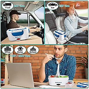 Ouhiyaur Electric Lunch Box Power Switch, Heated Lunch Boxes Adults, Dual Leak Proof Cover, 60W 110/12/24 Volt Portable Food Warmer, 1.5L 304 Stainless Steel Food Containers Trucker, Work, Home White