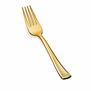 300 Gold Disposable Plastic Flatware Set - 100 Forks, 100 Spoons, 100 Knives - Heavy Duty Silverware for Party Bulk