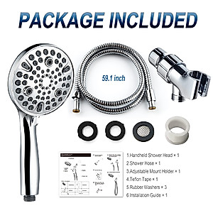 High Pressure Handheld Shower Head, 10-Setting Showerhead, 4.7”Detachable Showerhead Set with 5ft Hose, Adjustable Bracket and Built-in Power Wash to Clean Tub, Tile & Pets - Polished Chrome