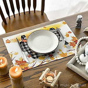Artoid Mode Maple Leaves Pumpkins Buffalo Plaid Truck Placemats Set of 8, 12x18 Inch Fall Autumn Thanksgiving Harvest Table Mats for Dining Decoration