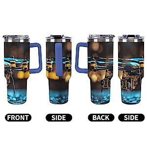 LLUTSNTH 40 Oz Vacuum Tumbler with Deep Blue Handle Leakproof Insulated Tumbler Drone Stainless Steel Travel Mug with Lid And Straw Coffee Cup Cute Water Bottles Cup Holder Friendly