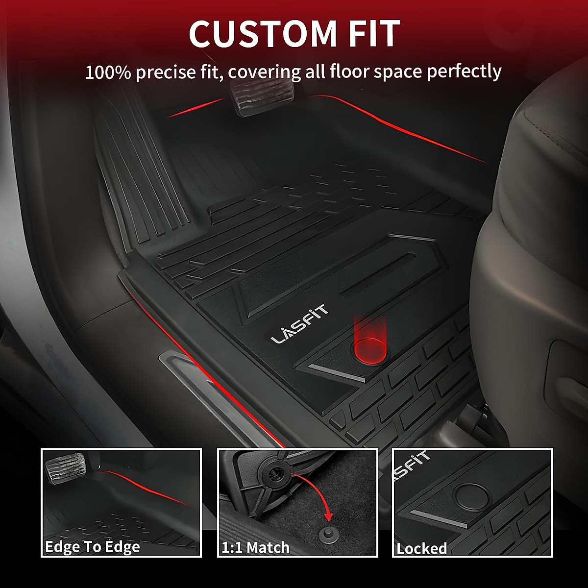 LASFIT Floor Mats for Chevy Silverado GMC Sierra 1500 2019-2025, 2020-2025 SLV/SRA 2500 3500 HD Crew Cab (with Rear Under-Seat Storage) All Weather Protector TPE Car Liners, 1st & 2nd Row, 3pcs Black