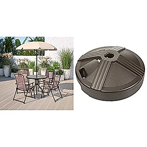 Flash Furniture Nantucket 6 Piece Brown Patio Garden Set with Umbrella Table and Set of 4 Folding Chairs & US Weight Fillable Umbrella Base Bronze, 3.5 pounds