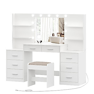 Irontar 61.9‘’L Large Vanity Desk Set with Mirror & Lights, Makeup Vanity with Stool and Charging Station, Makeup Desk with Drawers & Open Storage Shelves, Bedroom Vanity Table Set, White WDT006WD