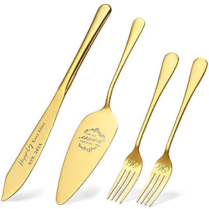 Galaxozent Wedding Presents for Couples 2024, Gold Wedding Cake Knife and Server Set with Forks, Cake Cutting Set for Wedding, Bridal Shower Anniversary Engagement Present For Mr and Mrs Set of 4