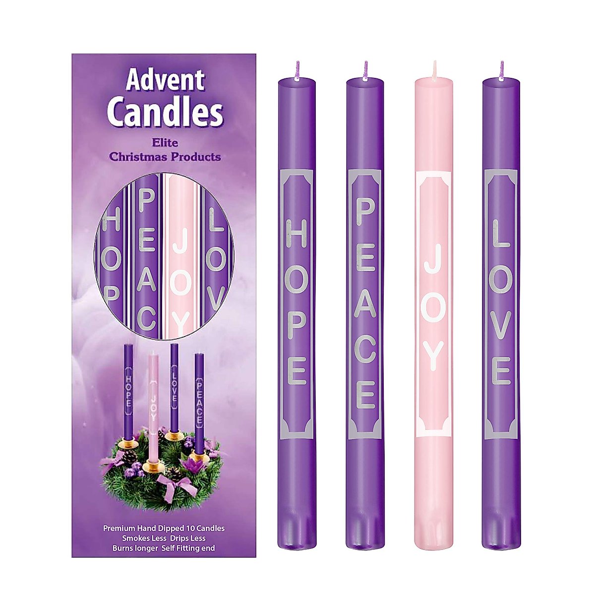 Advent Candles with Words Love, Peace, Hope, Joy On The Candles - Christmas Advent Candle Set of 4 for Advent Rings and Advent Wreaths- Premium Hand Made - Self Fitting End - for Church Advent Wreath