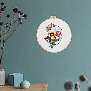 Nuberlic Embroidery Kit Cross Stitch Kits for Beginners Skull with Flowers Pattern DIY Needlepoint Kit for Adults