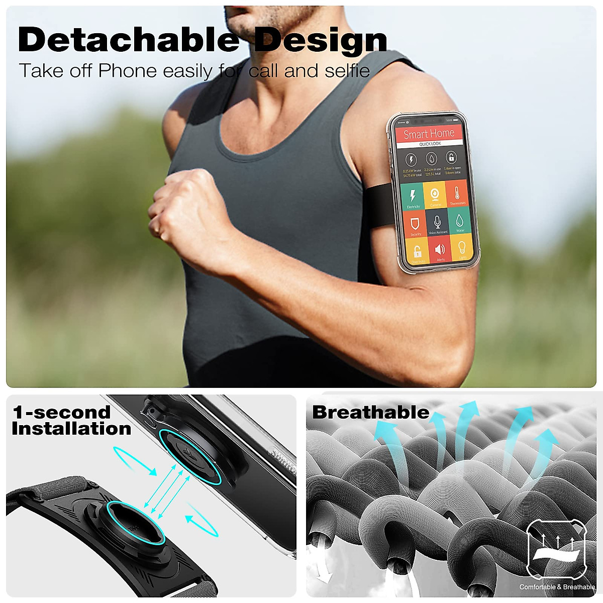 Dexnor 2-in-1 Phone Holder Armband, Detachable Running Cell Phone Holder Universal Sports Arm Band with Ring Stand for iPhone Samsung Galaxy All Phones Gym Workouts Exercise Fitness
