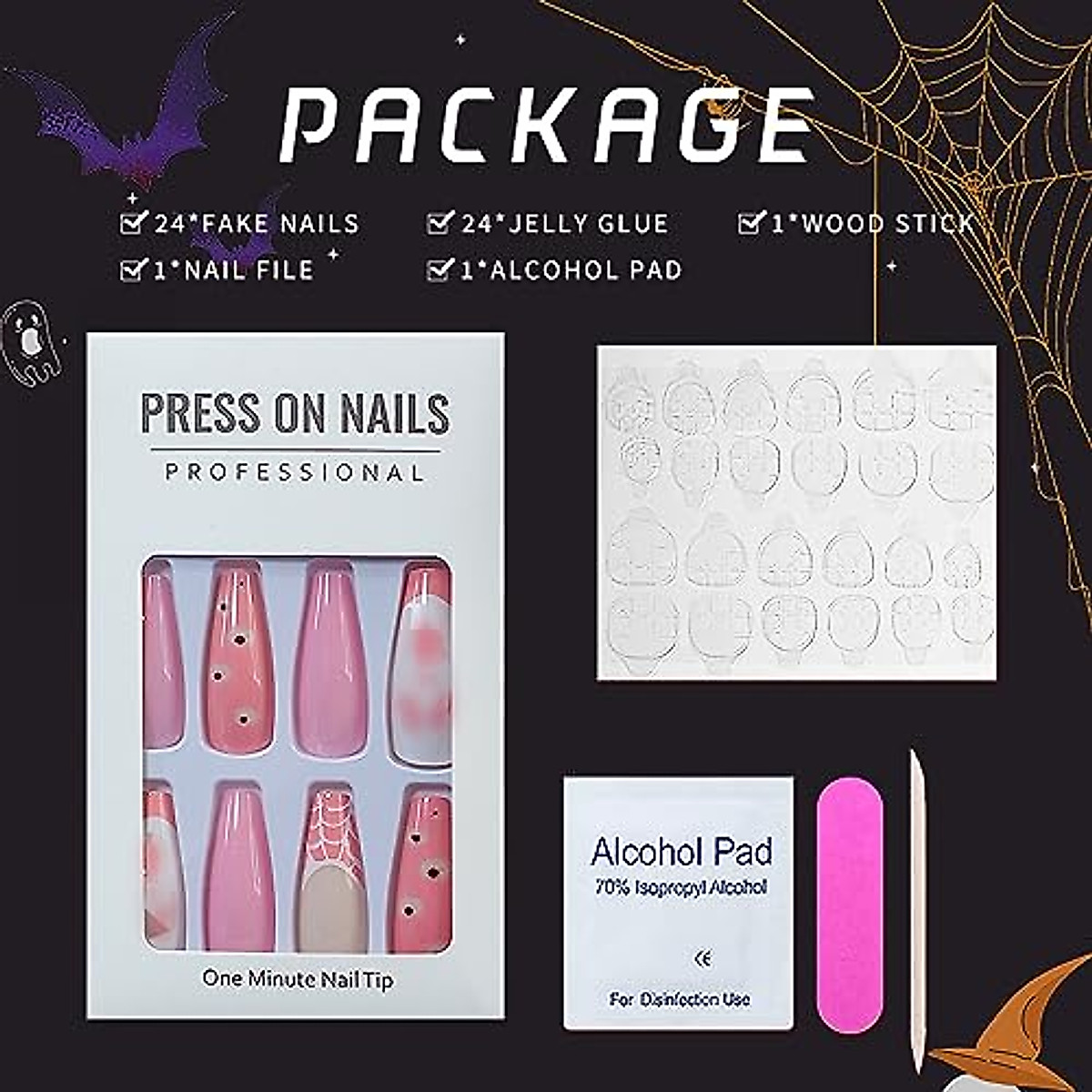 Halloween Fake Nails Long Coffin Press on Nails with Pink White Spooky Ghost Spider Web Eyeballs Blood Drops Glue on Nail Designs Artificial French Tips Full Cover on Nails for Women and Girls 24 Pcs