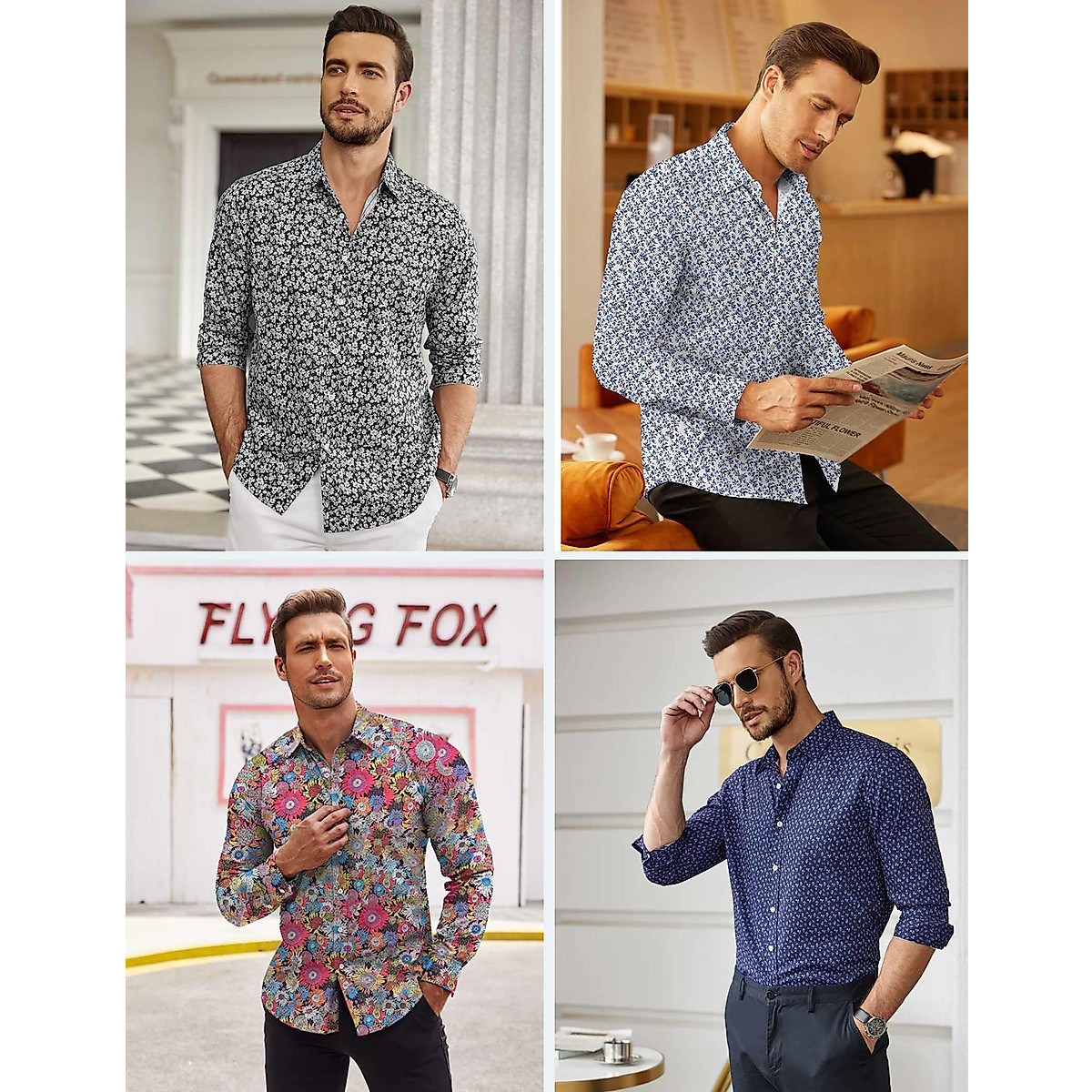COOFANDY Men's Floral Dress Shirts Long Sleeve Regualr Fit Casual Button Down Shirts Black